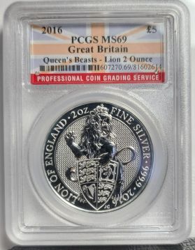 2016 2oz. .999 Great Britain Queen's Beast L5 PCGS MS69 20162L5